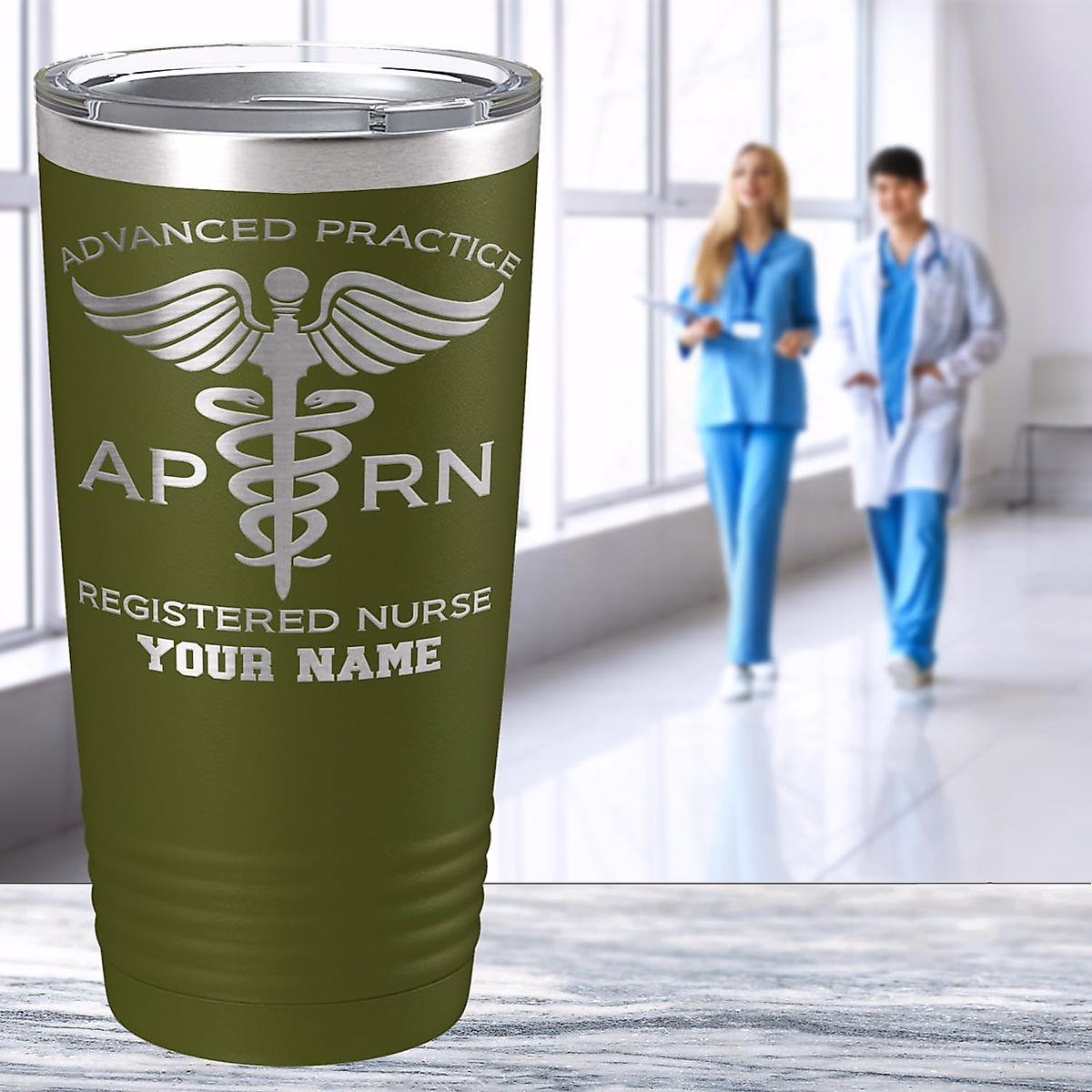 Personalized APRN Advanced Practice Registered Nurse Gift on Army Green 20 oz Stainless Steel Tumbler with Lid - Insulated Cup - Custom Travel Mug