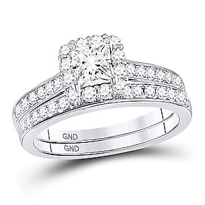 14kt White Gold Womens Princess Diamond Halo Bridal Wedding Engagement Ring Band Set 1-1/4 Cttw