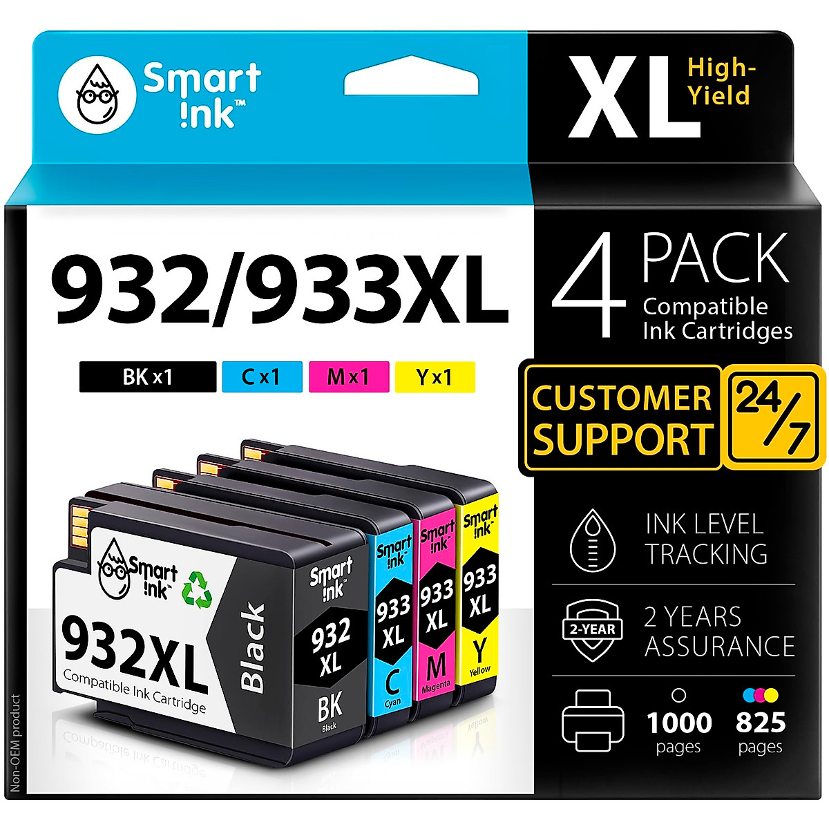 Smart Ink Compatible Ink Cartridge Replacement for HP 932XL 933XL 932 XL 933 XL 4 Combo Pack (XL Black, Cyan, Magenta Yellow) to use with HP Officejet 6100 6600 6700 7110 7510 7610 7612 7620 Printers