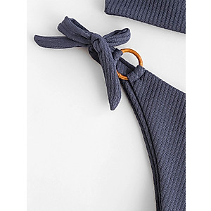 ZAFUL Women's Ribbed Solid O-Ring String Bikini Tie Side Swimsuit Two Pieces Bathing Suit Small