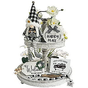 Farmhouse Tiered Tray Decor, Plaid Gnomes Plush Home Kitchen Decor,3X Premium Home Wood Signs with Handmade Artificial Green Garland,Buffalo Plaid Beads Garland, Farmhouse Kitchen Table Tiered Tray Decorations
