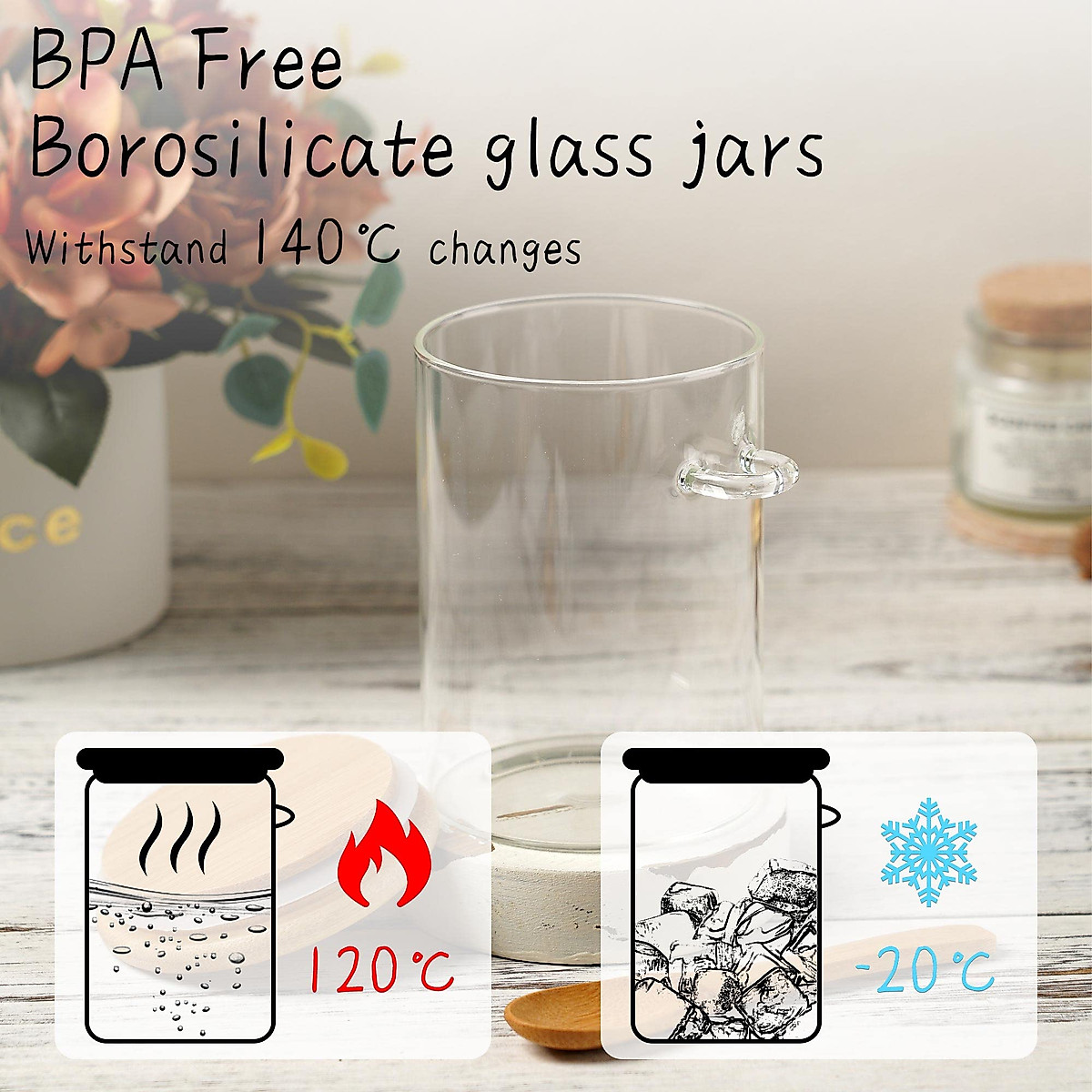 Glass Sugar Container with Spoon - 2 Pack 15oz Glass Jars with Bamboo Lid and Spoon, Bamboo Lid Storage Jar Containers for Coffee Beans, Spice, Brown Sugar, Tea, Flour, Nuts, Candy, Salts and More