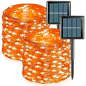 QITONG Orange Solar Fairy Lights Outdoor Waterproof, 2 Pack Each 66ft 200 LED Solar String Lights, 8 Modes Silver Wire Solar Twinkle Lights for Garden Yard Patio Fence Decoration