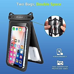 Niveaya Double Space Waterproof Phone Pouch - 2 Pack, Waterproof Phone Lanyard Case with iPhone 14/13/12/11 Pro Max/Pro/8 Plus, Galaxy S22/S21/S20/S10/Note 20/10/9 up to 7", Dry Bag for Vacation.