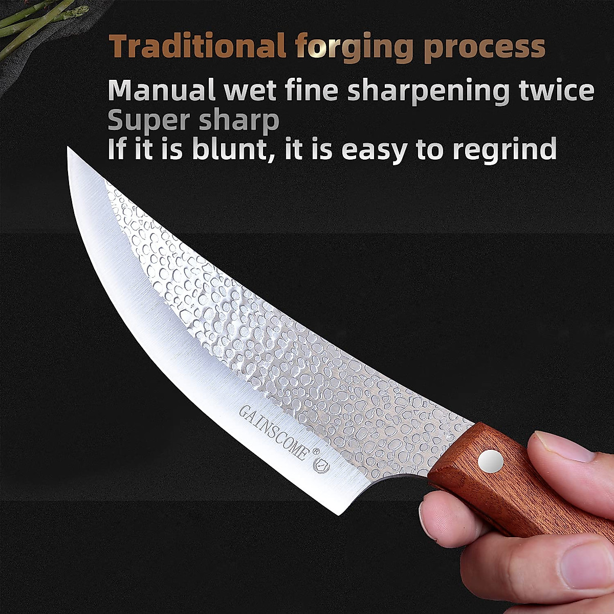 GAINSCOME Handmade Stainless Steel Boning Knife Kitchen Forged Chinese Vegetable Knives Fishing Knife Meat Cleaver Outdoor Cutter Butcher Knife Sharp A-Viking Knife Camping BBQ (5 inch)
