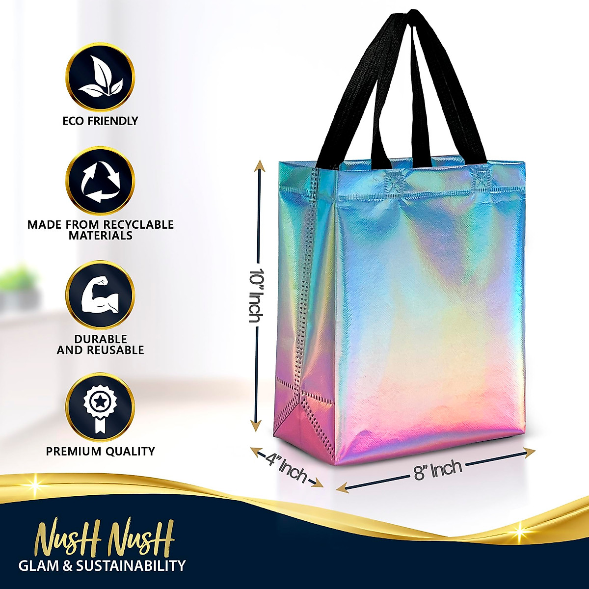 Nush Nush Gradient Gift Bags Medium Size – Set of 12 Aqua to Pink Reusable Gift Bags With Holographic Finish - Perfect As Goodie Bags, Birthday Gift Bags, Party Favor Bags - 8x4x10