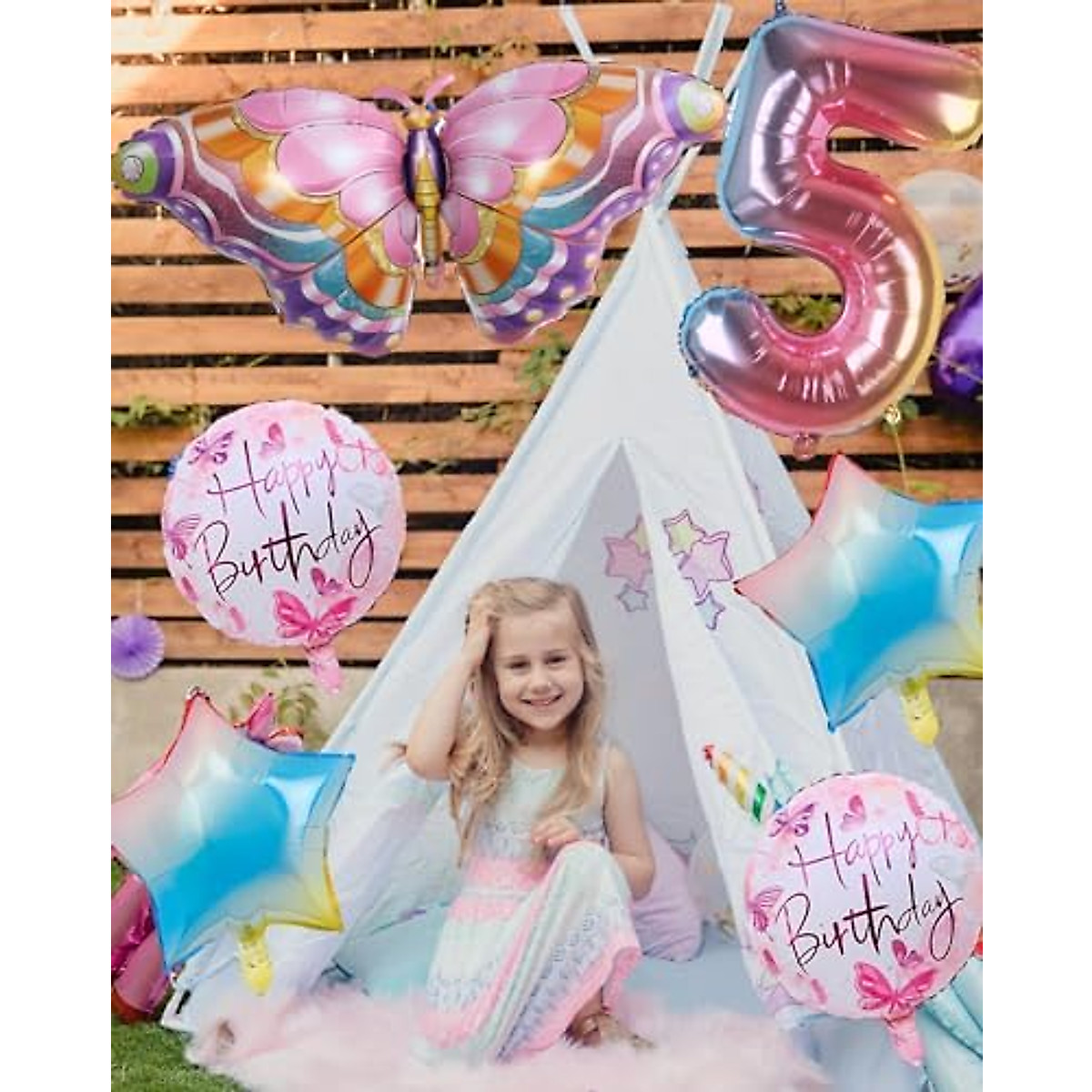 Butterfly Balloons 5th Birthday Decorations for Girls, Butterfly Birthday Party Supplies Fairy Pink Princess Groovy Party Supplies Favors Anniversary Decor, 32 Inch Gradient Balloon Number 5