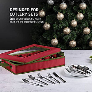 Zober Holiday Dinnerware Storage Box With Dividers, Flatware Container Comes With Two Handles And Clear PVC Window For Easy Visibility, Constructed Cutlery Storage Box With Lid For Safe Dishes Storing
