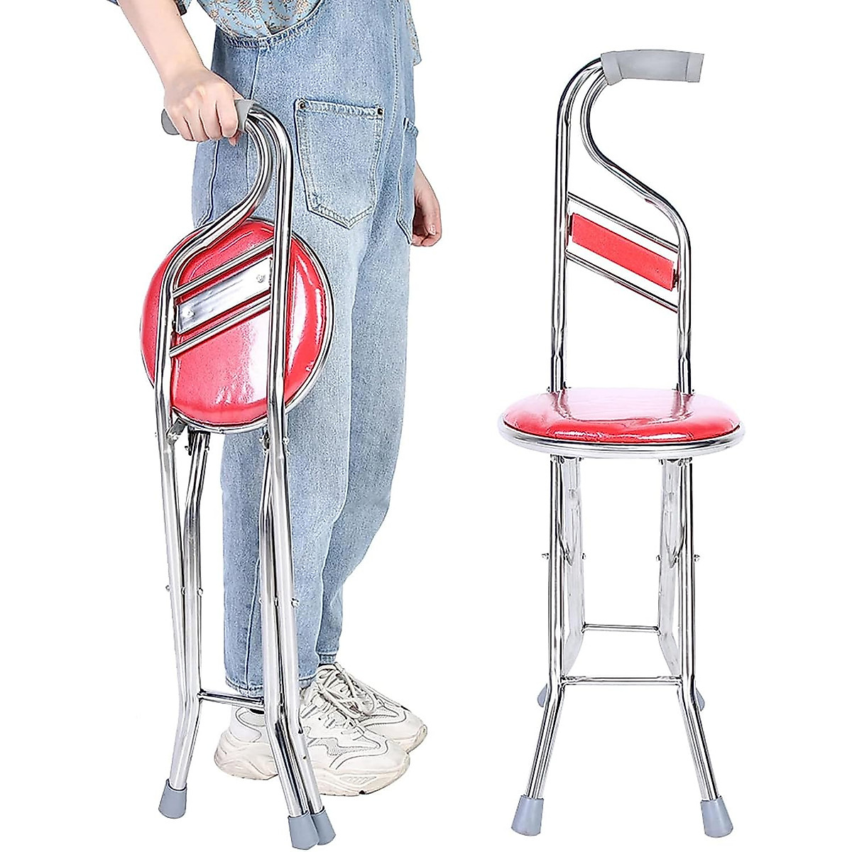 Walking Stick Chair Combo,Massage Seat Board & Ergonomic Handle, Adjustable Anti-Skid Walking Stick for Arthritis Disabled and Elderly