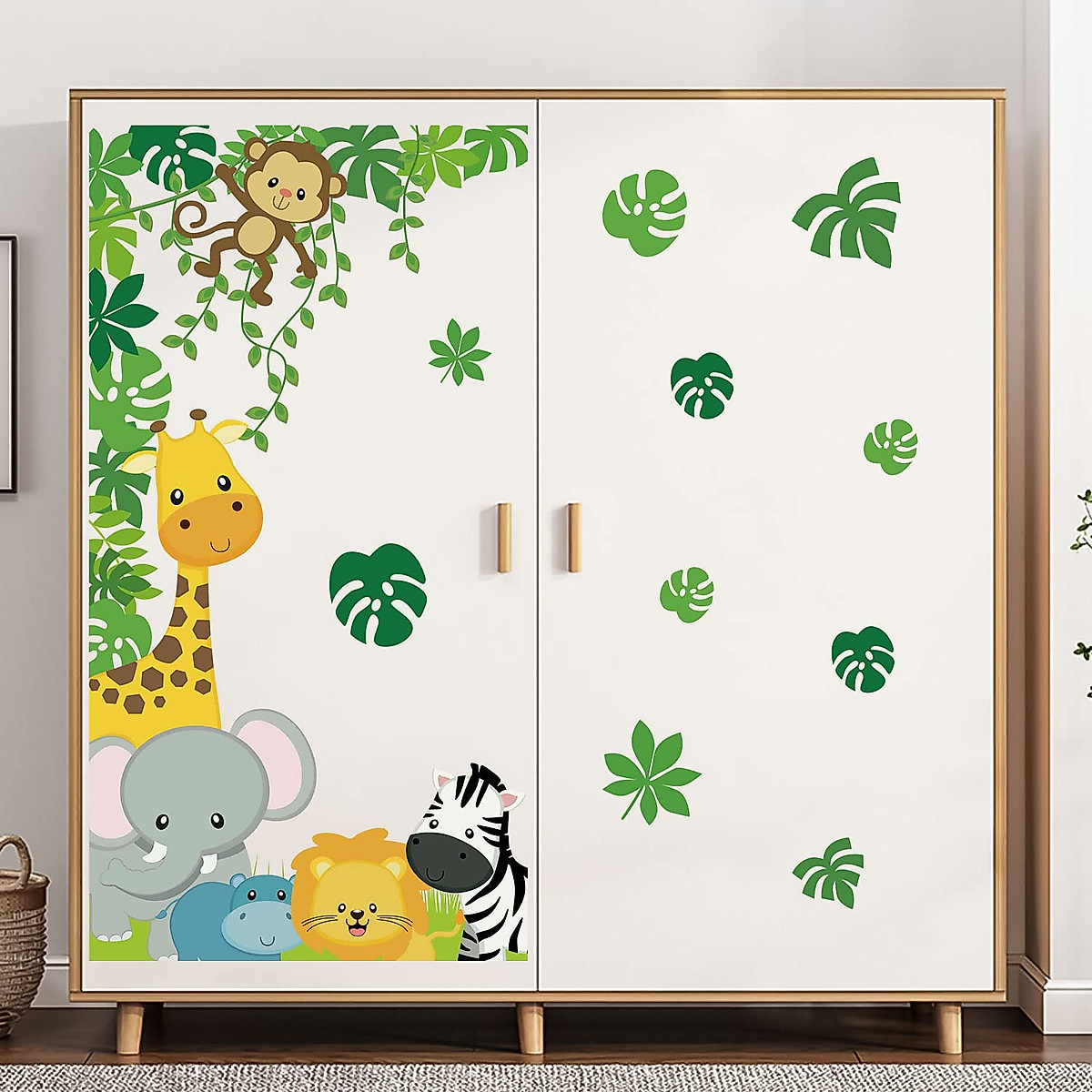 Supzone Jungle Animal Wall Decals Green Palm Leaf Wall Stickers Cartoon Elephant Giraffe Monkey Wall Art Sticker for Kids Baby Nursery Playroom Bedroom Girls Boy Room Wall Decor