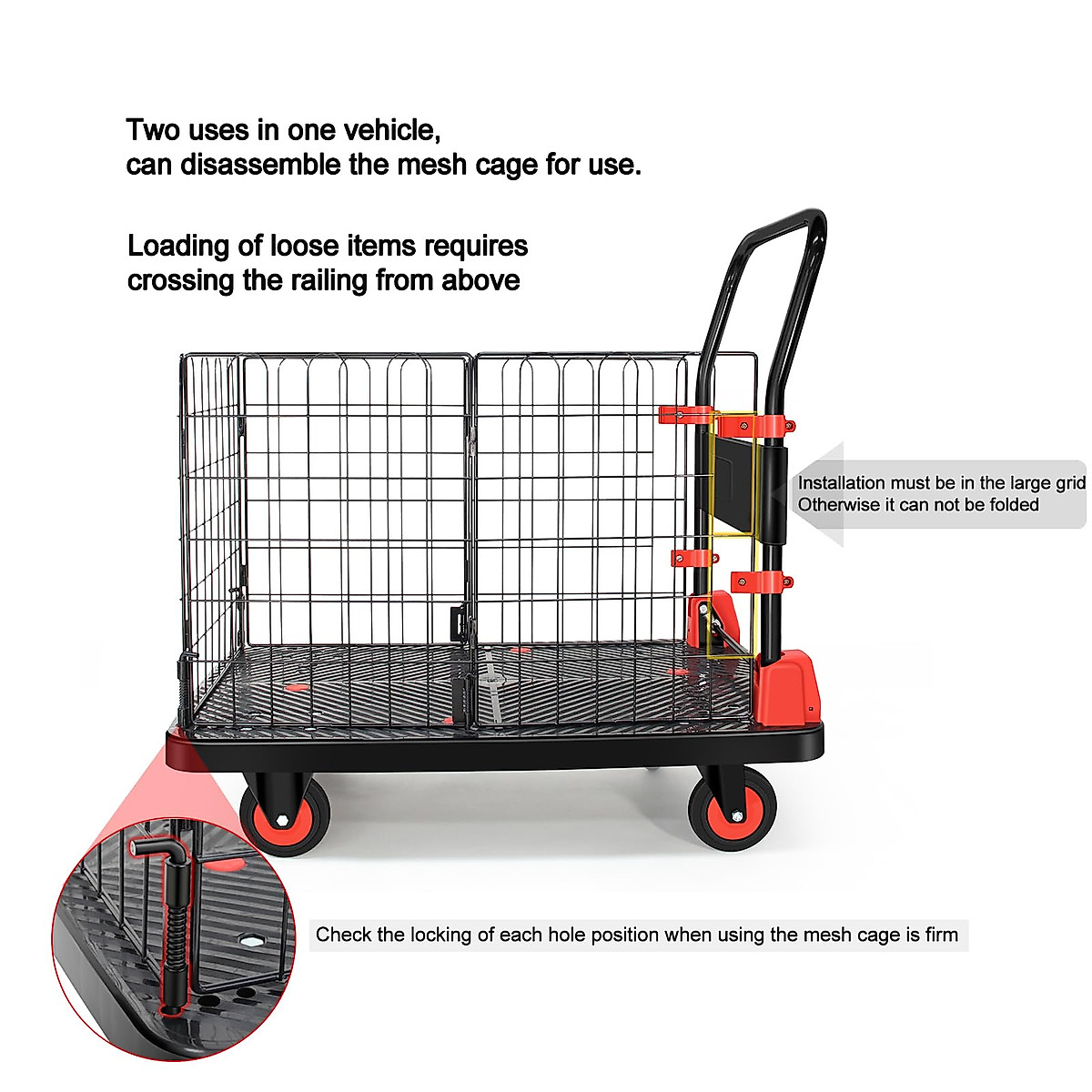 Uholan Heavy Duty Hand Truck with Cage Removable Cage Cart Dolly Cart with Wheels Load 660lbs Multipurpose Grocery Cart Shopping Moving Storage