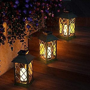 Solar Lanterns Outdoor Waterproof, Set of 2 Outdoor Lanterns for Patio Waterproof,14 Inch Waterproof LED Flickering Flameless Candle Mission Lights Garden Hanging Lanterns for Outdoor Halloween Decor