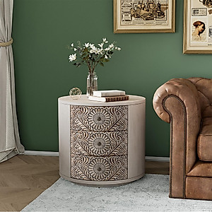 COSIEST 3 Drawer Chest of Drawers, 20 inch MDF Round Storage Cabinet, Retro Whitewash Finish Nightstand, Wood Bedside Table with Drawers for Bedroom Living Room,Light Gray