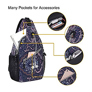 MOSISO Sling Backpack,Travel Hiking Daypack Pattern and Fan-shaped Rope Crossbody Shoulder Bag, Navy Blue Base Totem Texture&Black