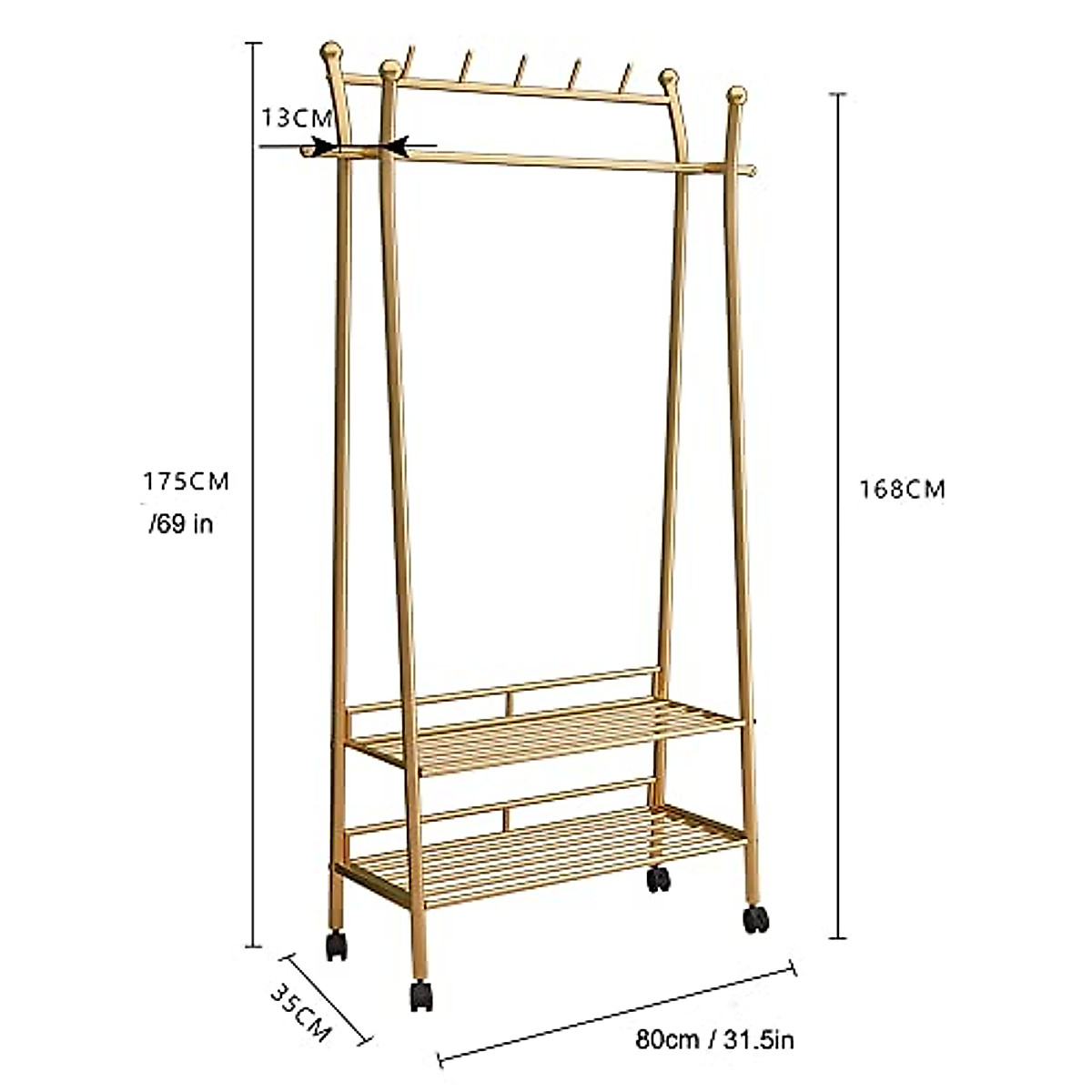 KaKaBB Gold Clothing Racks for Hanging Clothes, Heavy Duty Garment Rack, Rolling Clothes Rack with Storage Shelf on Wheels, Organizer Closet, Golden(31.5in)
