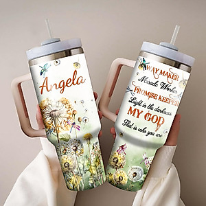 WAZONE Personalized Dandelion Dragonfly 40oz Tumbler with Handle and Straw Lid Custom Name Taraxacum Flower Insulated Cup Stainless Steel Travel Mug Vintage Style Jesus God Christian Gifts For Women