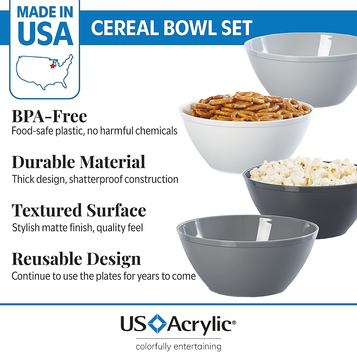 US Acrylic Fresco 28 oz. Plastic Stackable Snack Bowls for Cereal and Ice Cream in Grey Stone | Set of 8 | 6-inch Reusable, BPA-Free, Made in the USA, Dishwasher Safe Dinnerware