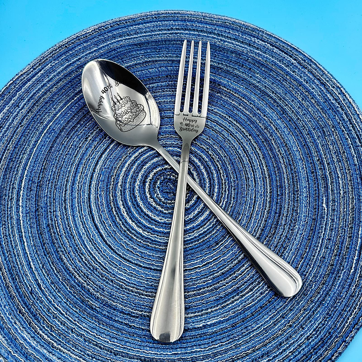 HSSPIRITZ 2 Pieces Happy 40th Birthday Stainless Engraved Spoon Fork Set, Kitchen Restaurant Long Handle Spoons and forks for Birthday Gifts for Dad Mom Husband Wife Uncle Aunt Sister Brother Friends