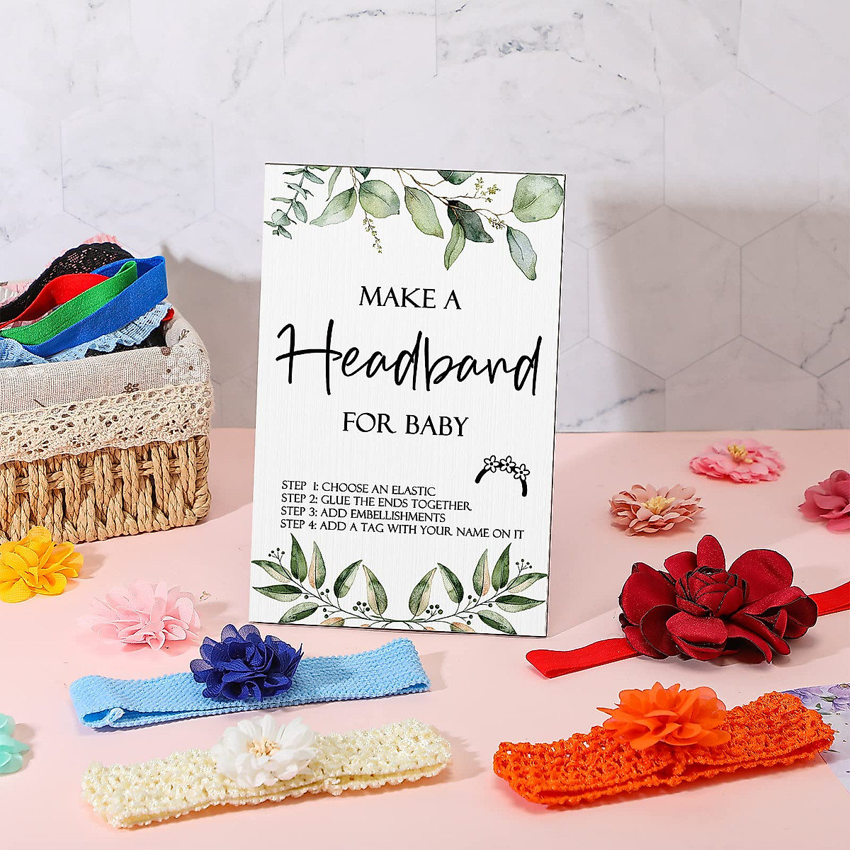 Geosar Baby Shower Games DIY Headband Making Kit Include Wooden Game Sign 60 Elastic Cute Flowers Hairbands 10 Round Fabrics with Tape for Baby Shower Guest Games(Greenery)