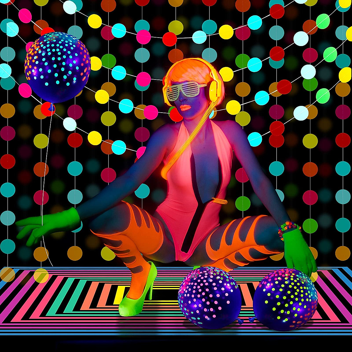 Glow In The Dark Party Supplies Glow Party Neon Party Supply Set, 98.4ft 6Rolls Blacklight Luminous Tape 14.4ft Neon Streamers Garland 25Pcs Fluorescent Neon Balloon Decor(Clear,Dot)