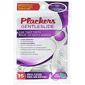 Plackers Gentleslide for Tight Teeth Cool Mint Flavor with Tarter Pick 35 Dental Flossers for Clean Teeth and Healthy Gums (1 Each)