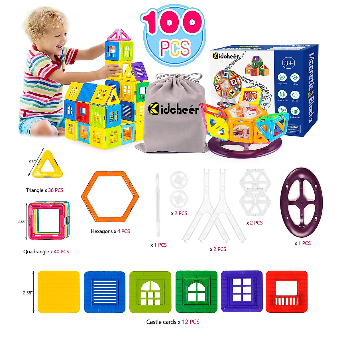 KIDCHEER Magnetic Tiles STEM Toddler Toys 100PCS Kids Magnet Building Blocks Game Educational Stacking Blocks Gift for Boys & Girls