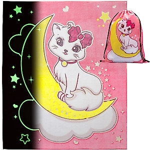 Glow in The Dark Blankets for Girls - Kids Blankets for Girls, Glows 8+ Hrs, Glow in the Dark Throw Blanket for Girls, Fuzzy Pink Blanket, Toddler Fleece Blanket, Teen Blanket for Cat Lovers, 50x60in