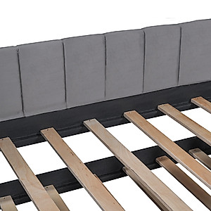 KTATK Twin Size Velvet Upholstered Daybed with Ergonomic Design Backrest and Trundle,Classic Stripe Shaped Headboard,No Box Spring Needed,for Bedroom, Living, Guest Room,Gray