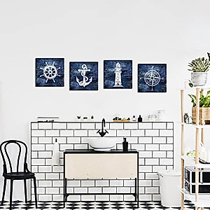 LoveHouse Rustic Nautical Wall Art Boat Anchor Paintings Helm Drawing Compass Print Lighthouse Home Decor Pictures Navy Blue Artwork for Bathroom Living Room Ready to Hang 12x12 Inchx4 Piece