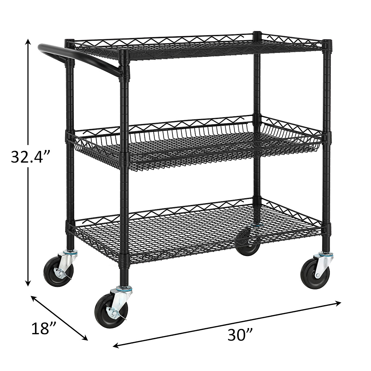 Finnhomy 3 Tier Heavy Duty Commercial Grade Utility Cart, Wire Rolling Cart with Handle Bar, Steel Service Cart with Wheels, Kitchen Cart on Wheels, Food Storage Trolley, NSF Listed, Black