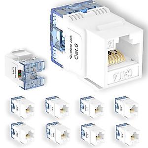 VCELINK Cat6 RJ45 Keystone Jacks Slim Profile 10-Pack, 180-Degree Ethernet Wall Jack Punch Down, Cat5e Cat5 Keystone Module Connector UTP, 110-Type for Wall Plate, Patch Panel (White)