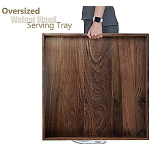MAGIGO 26 x 26 Inches Extra Large Square Black Walnut Wood Ottoman Tray with Handles, Serve Tea, Coffee Classic Wooden Decorative Serving Tray