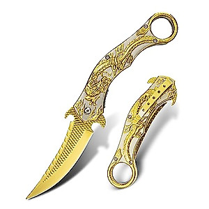 IKORES Pocket Knife, 3.5 inch Folding Knife with with 3D Golden Dargon Relief Handle, Pocket Knife for Men Women, Everyday Carry EDC and Hiking Camping Knives