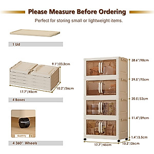 wookon Collapsible Storage Bins,4 Tiers,17.7"x10.2"x38.6", Small Storage Bins with Magnetic Door, Plastic Storage Cabinet with 360° Wheels, Closet Organizers and Storage Containers