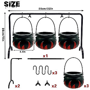 Ahzemepinyo Halloween Witches Cauldron Serving Bowls with Hangers On the Rack 3 Pieces Black Plastic Candy Bucket Cauldron with Cauldron Rack Hanging Stand for Halloween Party Decorations