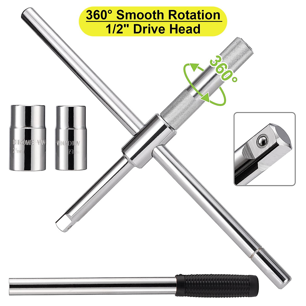 Spurtar Extended Lug Wrench Lug Nut Wrench, 4 Way Lug Wrench Tire Iron Lug Wrench, Lug Nut Remover 1/2 Drive with 17/19mm and 21/23mm Sockets