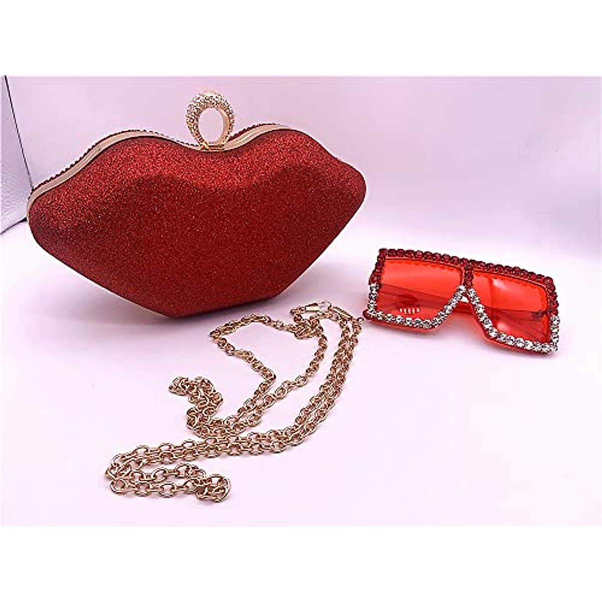 JU+ Women Lip Purses Evening Clutch Rhinestone Lips-Shaped Crossbody Bags Vintage Banquet Handbag(Red)