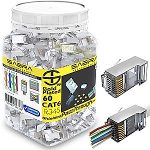 Sabra Technologies Shielded rj45 cat6 cat 6a connectors Gold Plated Cat6 Pass Through Connectors 23awg Cat6 Shielded Cat6/Cat6a Modular Plugs Ethernet Ends (60 PCS)