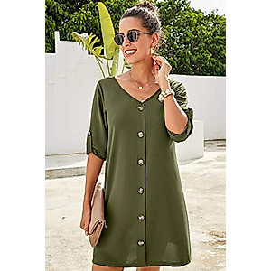 AlvaQ Womens Dress 2024 Summer V Neck Button Down Fall Short Sleeve A Line Swing Skater Tunic Dresses Beach Sundress Green Large