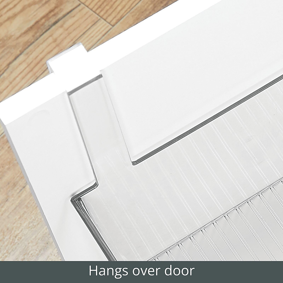 mDesign Plastic Over Cabinet Door Storage Organizer Bin for Kitchen, Pantry, Bathroom, Laundry, Utility Room - Hang Outside or Inside Door - Holds Lunch Bags, Shampoo, Cleaning Supplies, Large - Clear