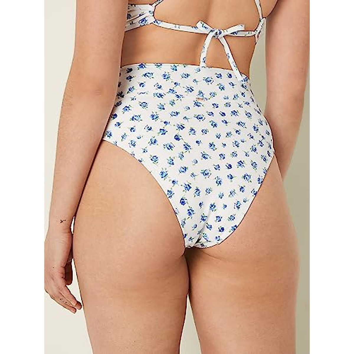 Victoria's Secret Pink V Crossover High Waisted Bikini Bottom, Swimsuit for Women, Moderate Coverage Bathing Suit Bottoms for Women, Morning Sky Floral (M)