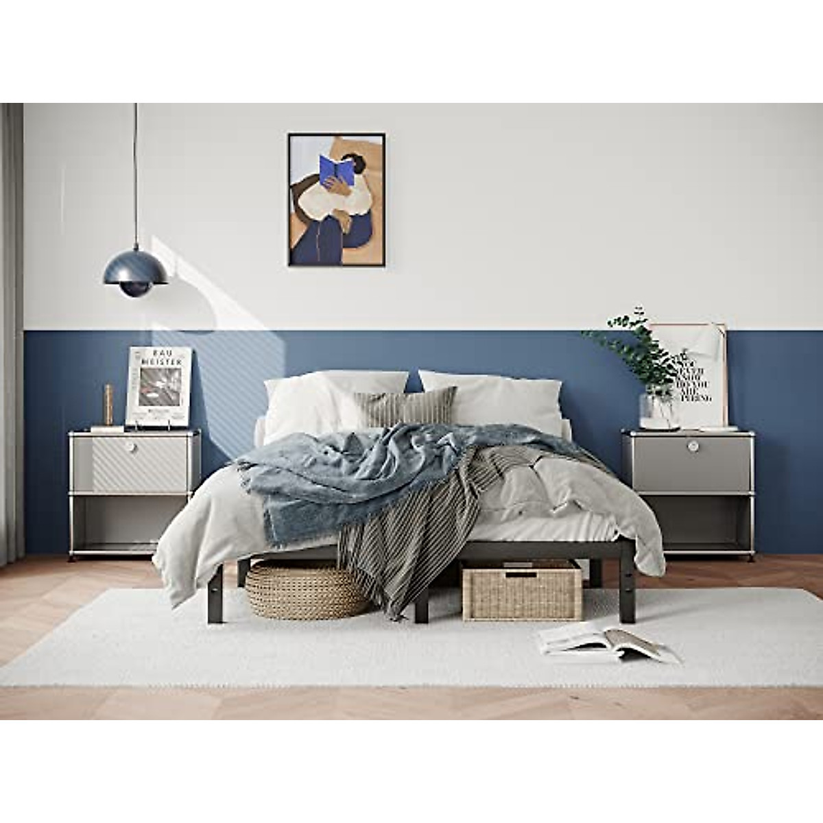 Minimalist Studio Metal Bed Frame – Heavy Duty Mattress Foundation with Anti-Slip Steel Slat Support, Durable Platform Base with Underbed Storage, Easy Assembly (Queen)