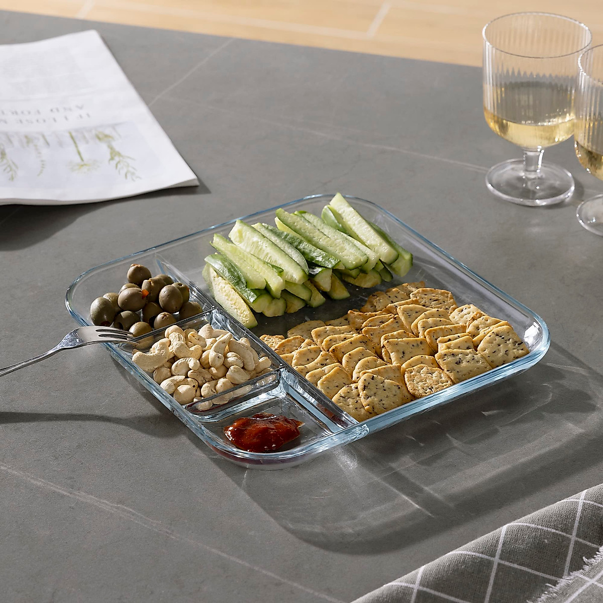Navaris Glass Divided Plates (Set of 2) - 4 Section Divider Snack Plate for Adults, Serving, Portion Control - Square Clear Platter with Food Dividers