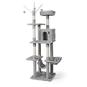 CAPHAUS 70-Inch Activity Tree with Hammock, Multi-Level Modern Cat Climbing Play Tower w Tall Top Perch, Cat Cave Condo, Indoor Cat Treew Cute Scratching Posts for Large Cats Kittens