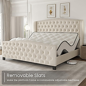 LARMACE King Bed Frame Upholstered Platform Bed with Wingback Headboard & Footbaord Velvet Beds Deep Button Tufted Beds Frames with Wood Slats Support, No Box Spring Needed, Beige