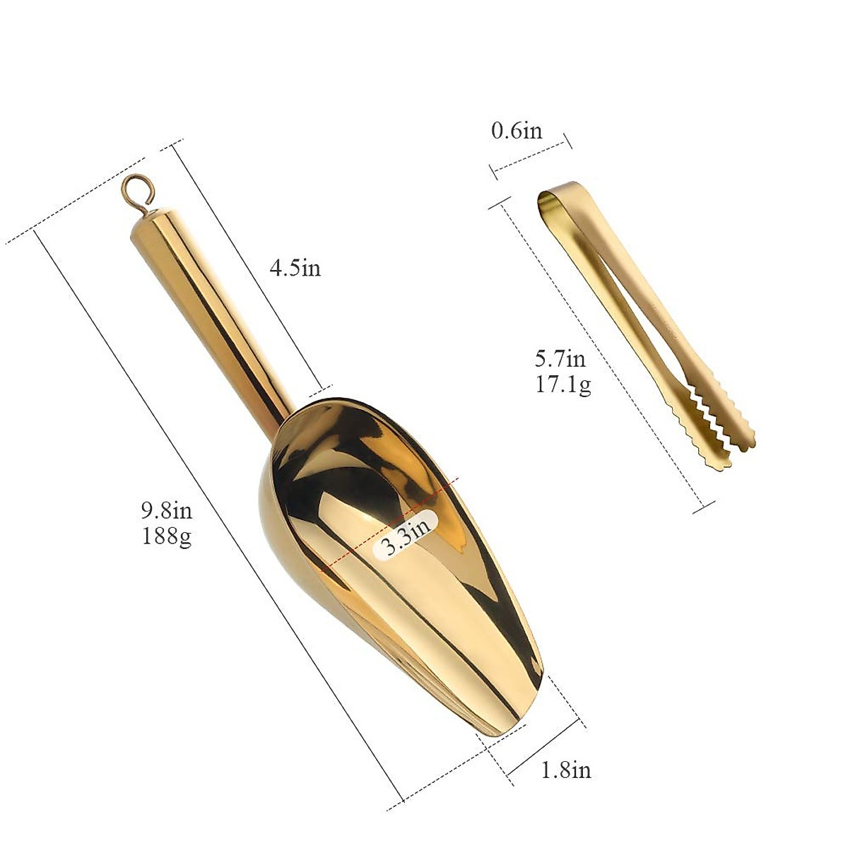 Mingcheng Stainless Steel Ice Scoop and Ice Tongs Small, Round Bottom Bar Ice Utility Scoop, 6 Inches Serving Tongs with Teeth for Large Cubes, Freezer, Ice Bucket Copper, Set of 3 (Gold)