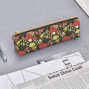 Ykklima Mushrooms Pattern Leather Pencil Case Zipper Pen Makeup Cosmetic Holder Pouch Stationery Bag for School, Work, Office