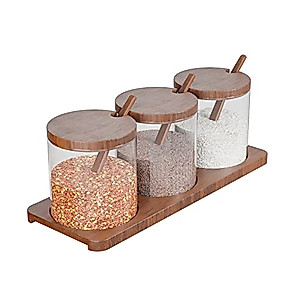 Essos Round Glass and Wood Condiment 3 pc Jars Set with spoon Tray Sugar Food Storage Containers with Wood Lids and Wooden Spoon for Coffee Spice Storage Container