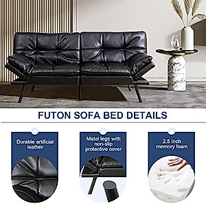 QAIIOO Futon Couch Modern Convertible Memory Foam, Faux Leather Loveseat Folding Sleeper Sofa Bed, Apartment, Dorm, Bonus Room, 71" D x 33" W x 31.5" H, Black 03