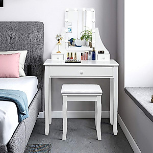 CHARMAID Vanity Set with Lighted Mirror, Makeup Table with 10 LED Dimmable Bulbs, 3 Drawers, 2 Dividers, Modern Bedroom Dressing Table Vanity Desk with Stool for Women Girls (White)
